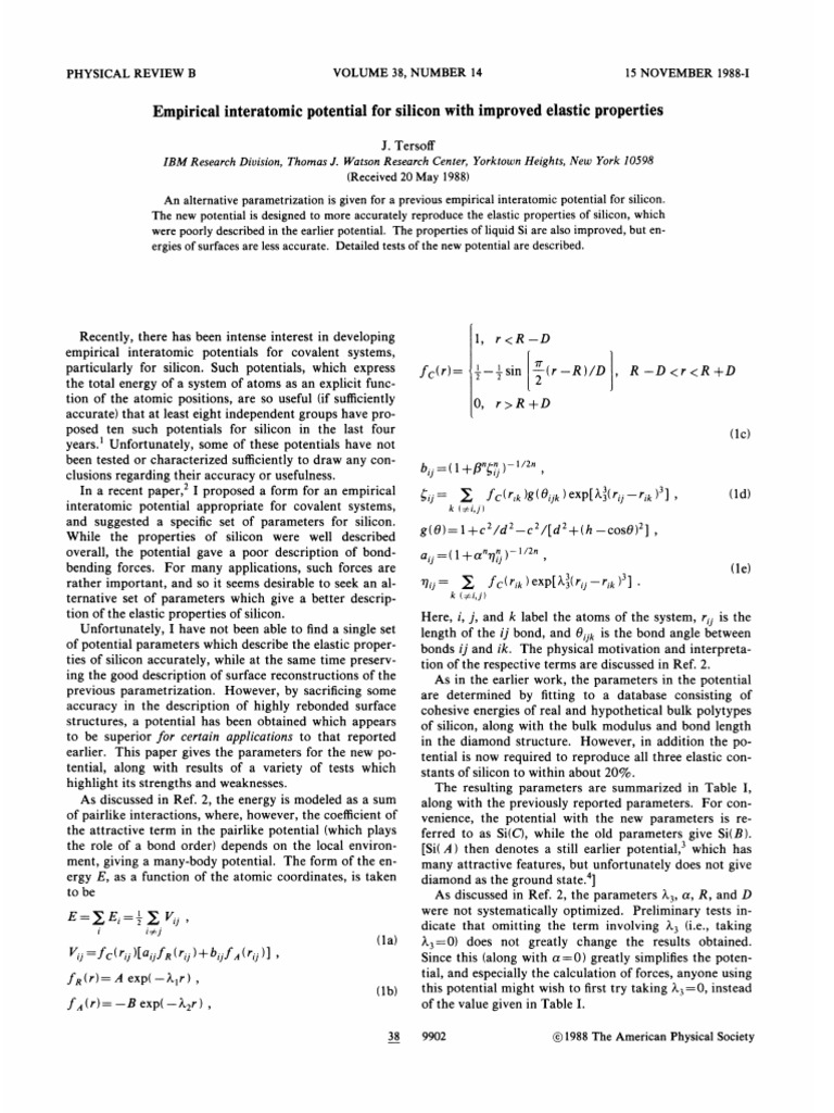 Tersoff - 1988 - Empirical Interatomic Potential For Silicon With Improved Elastic Properties | PDF