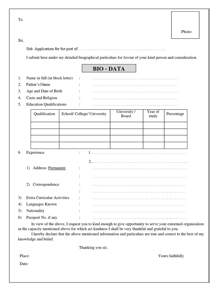 Bio Data Form1 | PDF