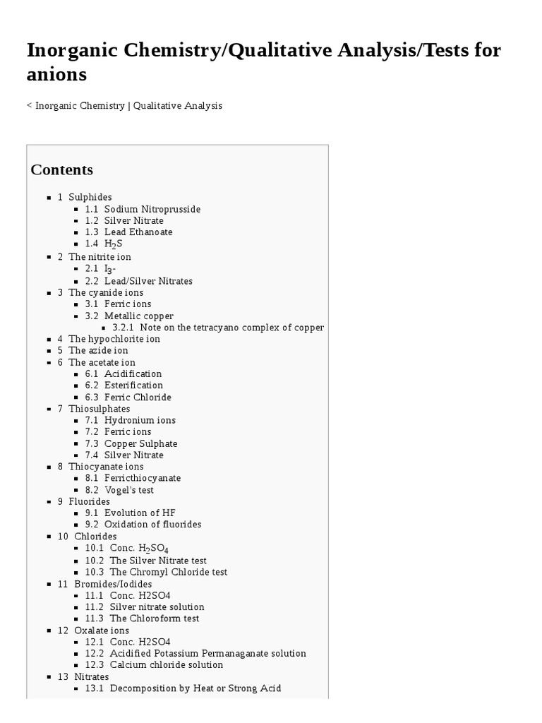 Inorganic Chemistry/Qualitative Analysis/Tests For Anions | PDF ...