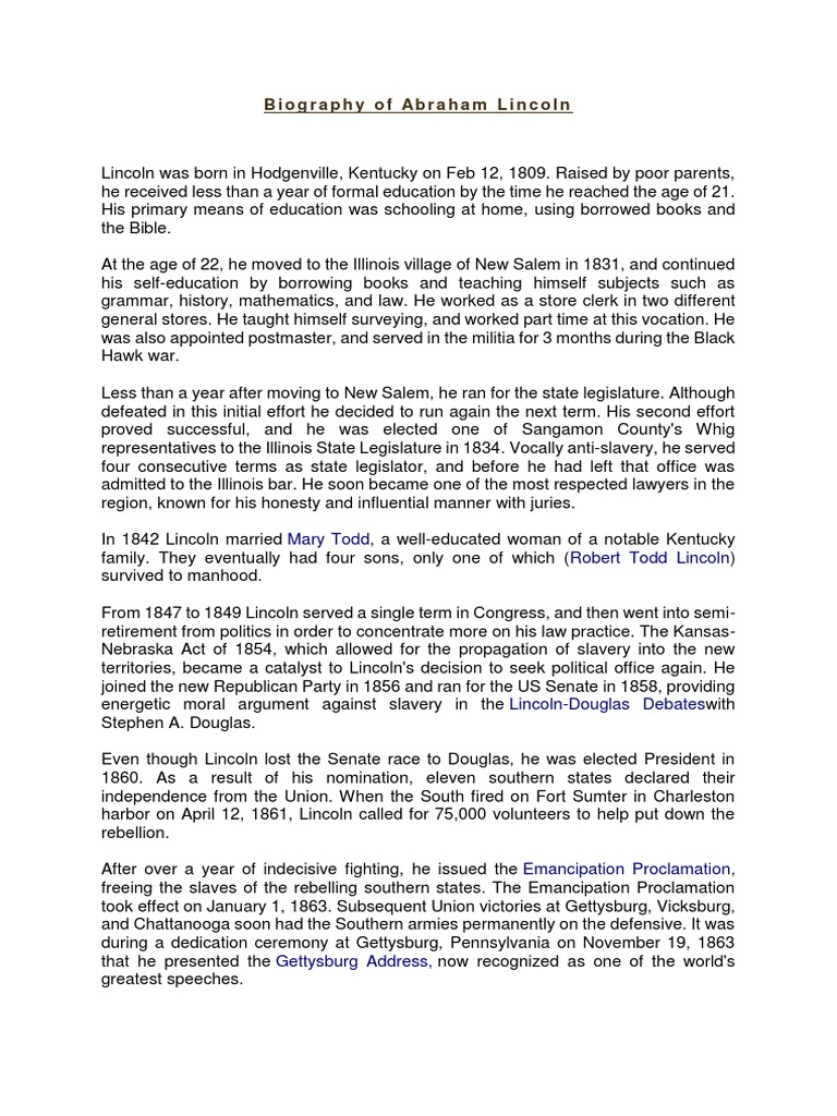 Biography of Abraham Lincoln | PDF | Emancipation Proclamation ...