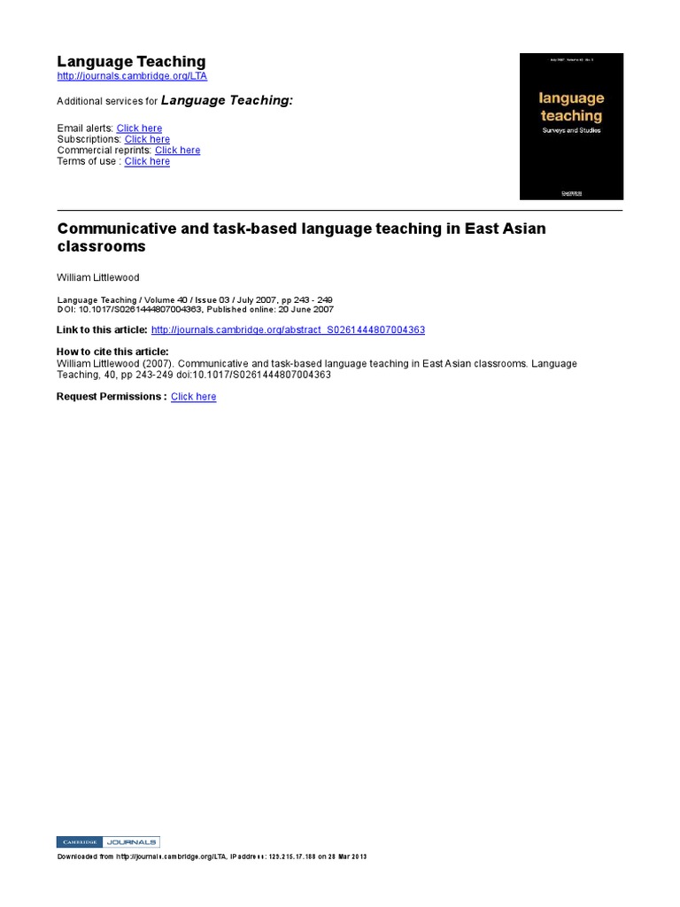 Communicative and Task Based Language Teaching in East Asian Classrooms ...