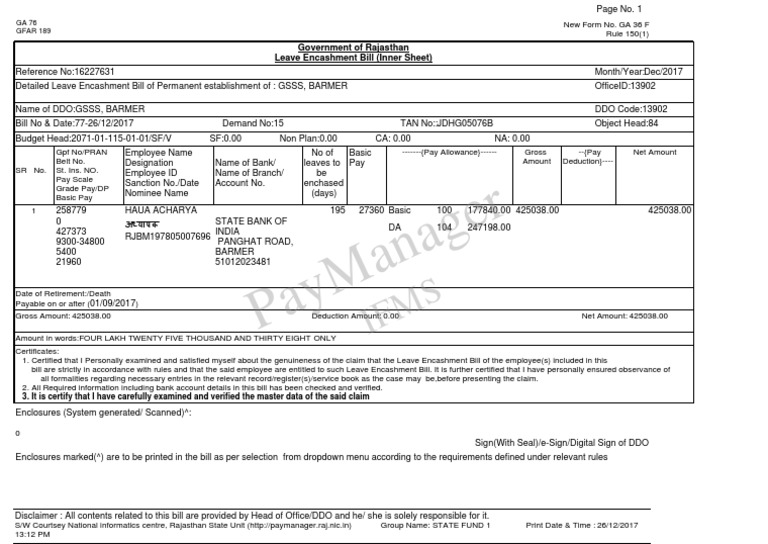 Paymanager: Government of Rajasthan Leave Encashment Bill (Inner Sheet ...