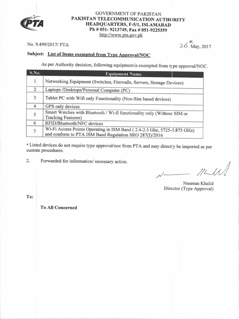 PTA Type Approval Excemption PDF | PDF