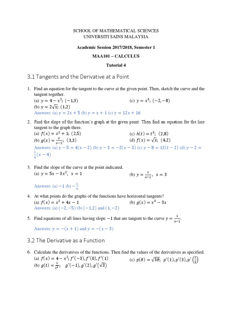 Differentiation questions and answer | Derivative | Tangent