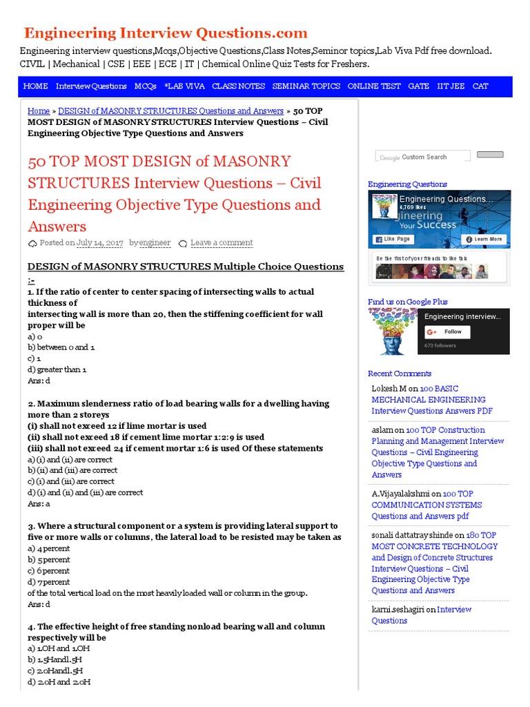 50 Top Design of Masonry Structures Multiple Choice Questions | PDF ...