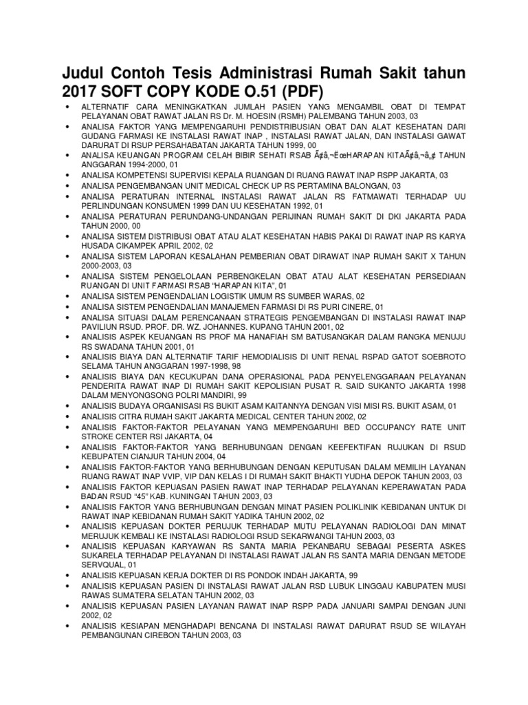 Judul Contoh Tesis Administrasi Rumah Sakit Tahun 2017 | PDF