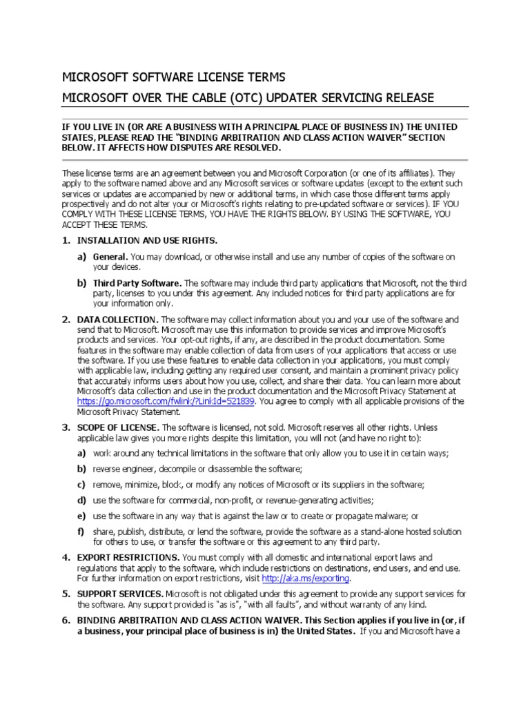 EULA OTC Updater Servicing Release | PDF | Arbitration | Damages