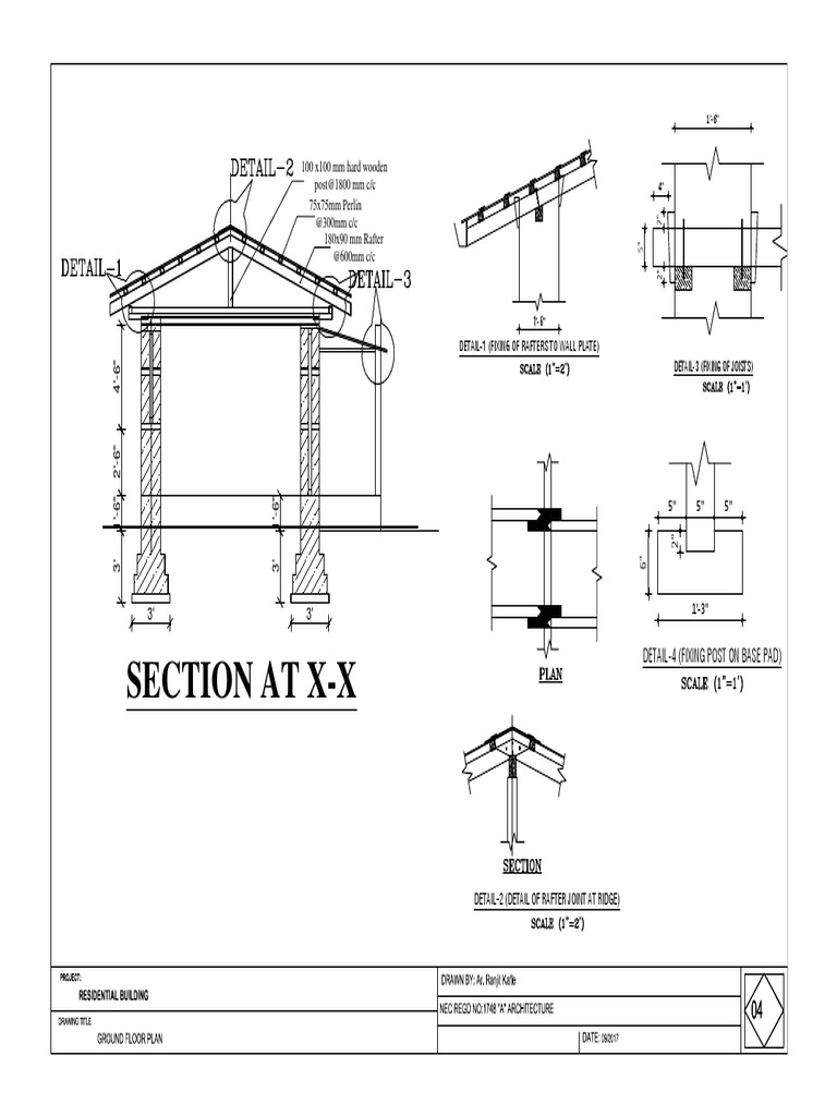 Section at X-X: 100 x100 MM Hard Wooden Post@1800 MM C/C | PDF