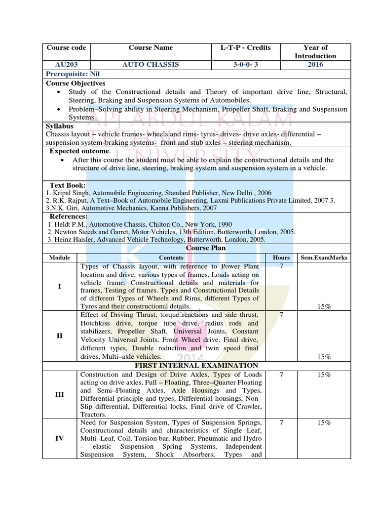 AU203 Auto Chassis 3-0-0-3 2016 Prerequisite: Nil: Course Code Course ...