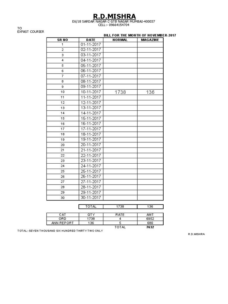 R.D.Mishra: SR No Date Normal Magazine Bill For The Month of November ...