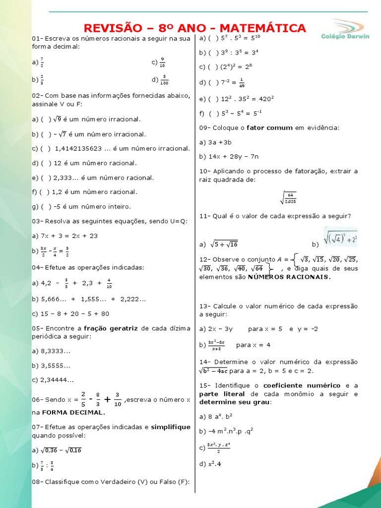 Revisão – 8º Ano - Matemática: parte literal de cada monômio a seguir e ...