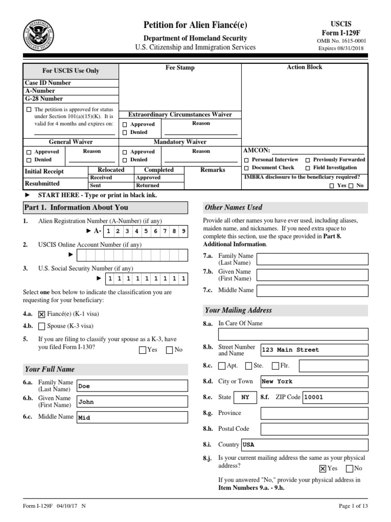 I 129F Petition For Fiance SAMPLE | PDF | Government | Social Institutions
