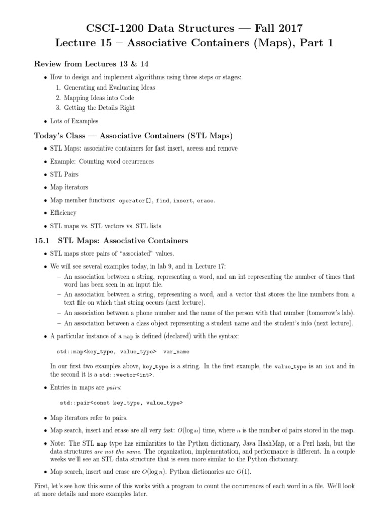 CSCI-1200 Data Structures - Fall 2017 Lecture 15 - Associative Containers (Maps), Part 1 | PDF ...