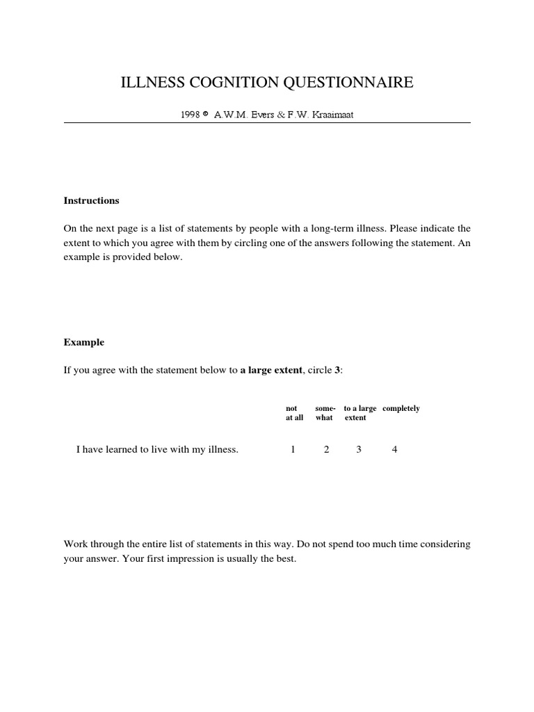 Illness Cognition Questionnaire: Instructions | PDF | Psychology ...