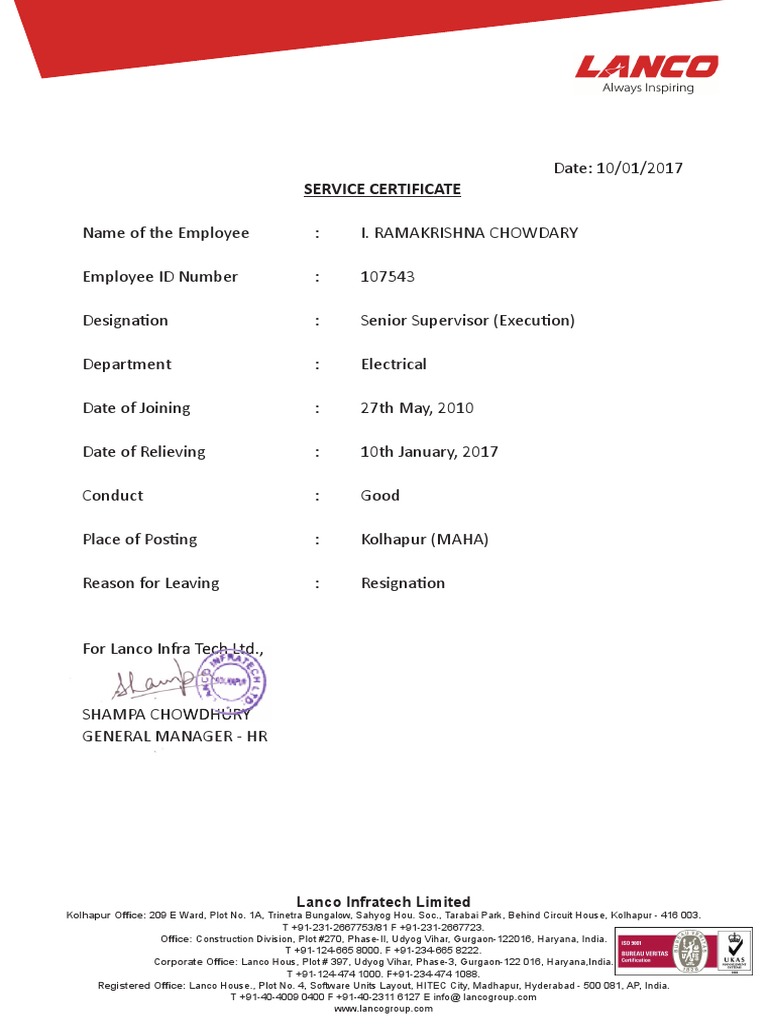 Service Certificate: Lanco Infratech Limited | PDF