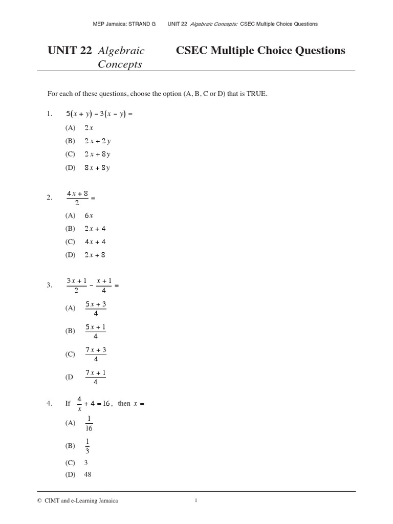 Concepts: UNIT 22 Algebraic CSEC Multiple Choice Questions | PDF ...