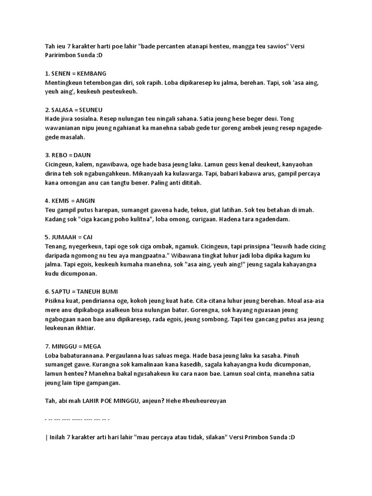 Sifat Karakteristik Orang Berdasarkan Hari Lahir Menurut Primbon Sunda ...