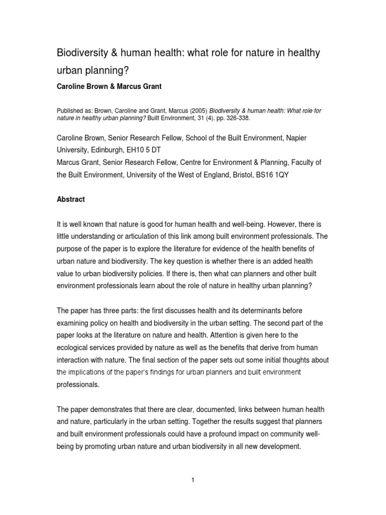 Biodiversity & Human Health: What Role For Nature in Healthy Urban ...