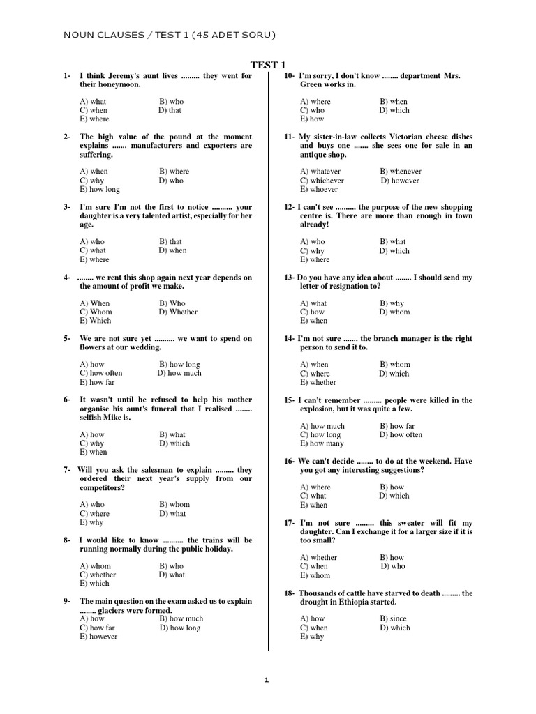 Test 1: Noun Clauses / Test 1 (45 Adet Soru) | PDF | Art