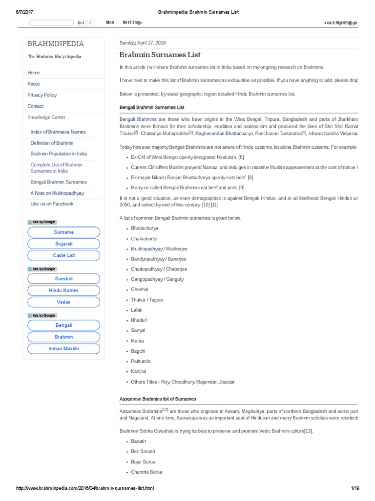 Brahmin Caste Surnames
