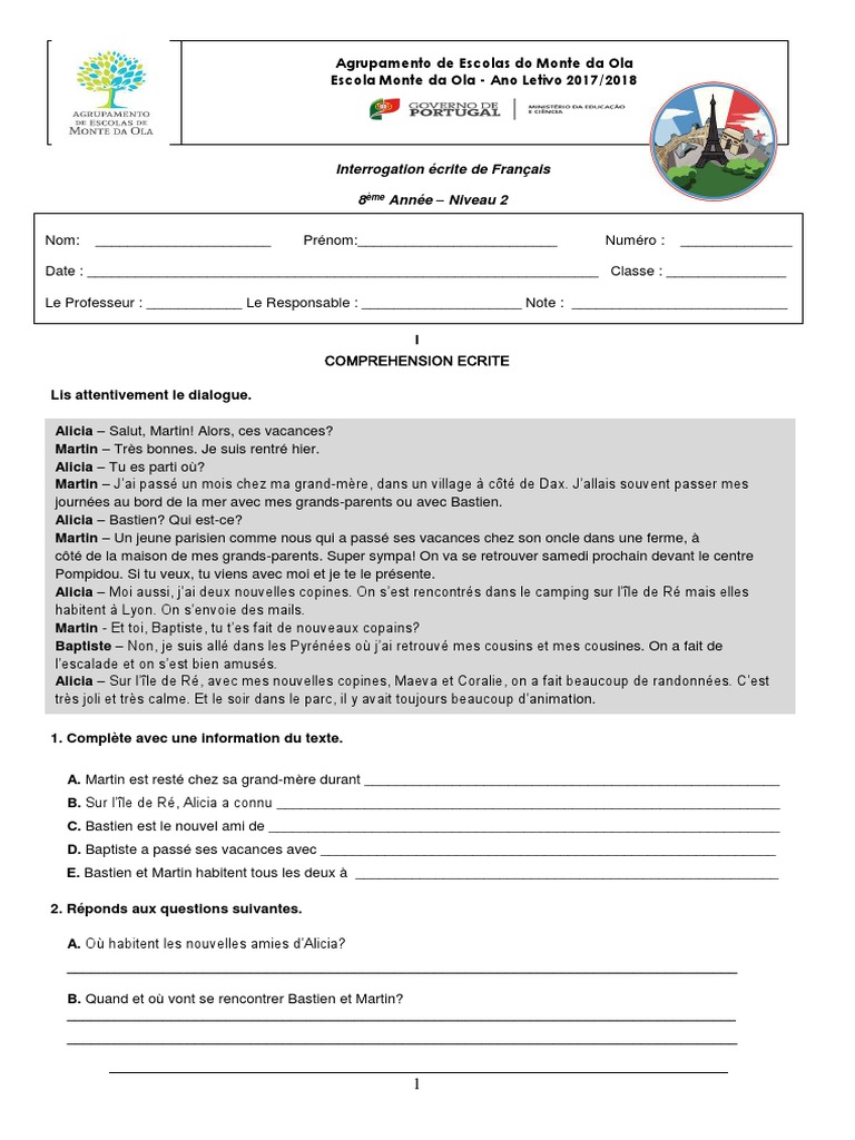 Test de Français 8ème Année | PDF | Loisirs | Des sports