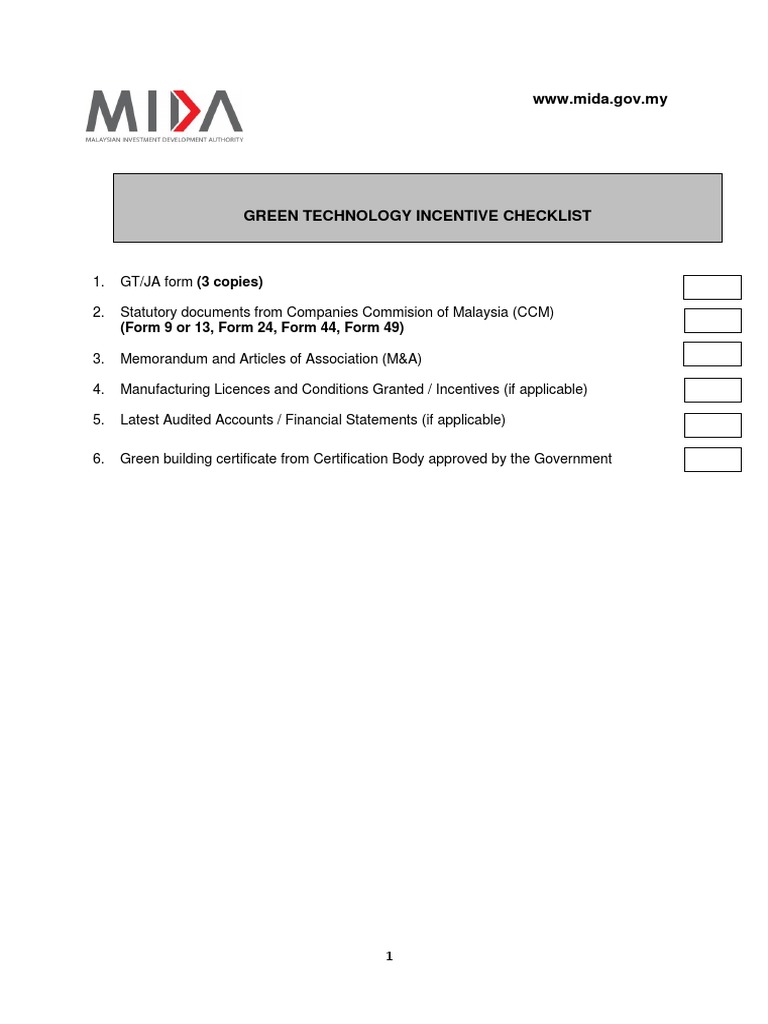 Checklist for Malaysian Green Technology Incentives: Requirements for ...