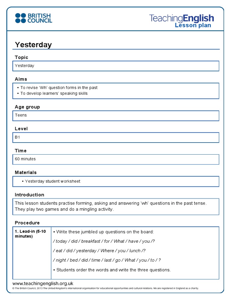 Yesterday Lesson Plan | PDF | Lesson Plan | Question