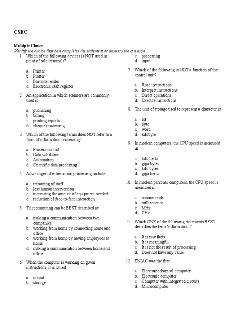 CSEC ICT Multiple Choice Questions | PDF | Disk Storage | Computer Data ...