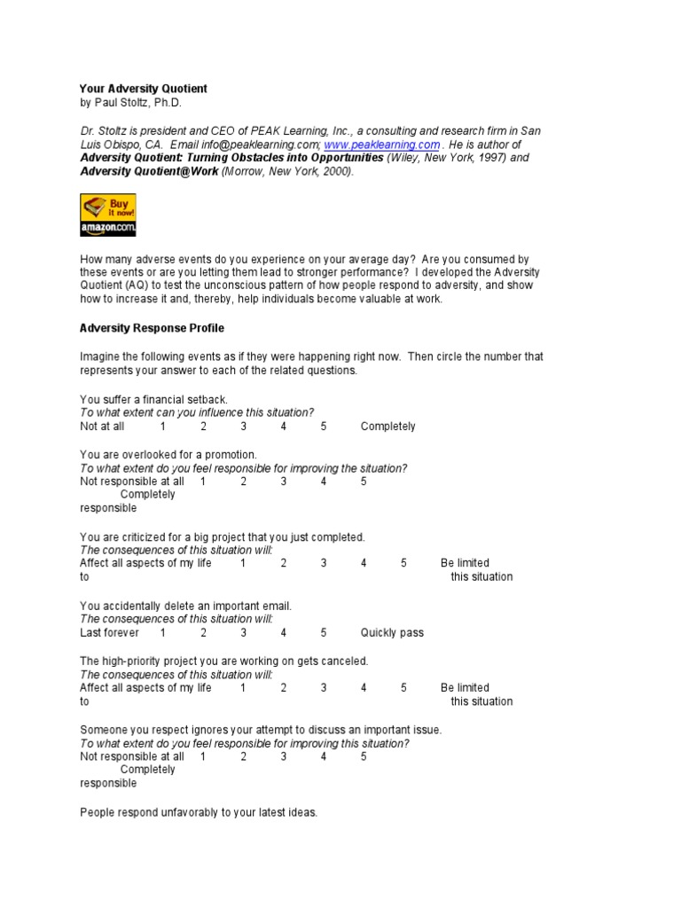Your Adversity Quotient by Dr. Stoltz | PDF | Applied Psychology ...