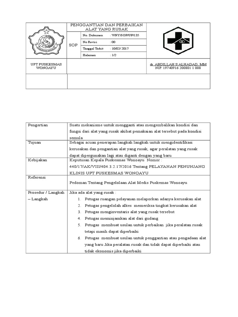 SOP Perbaikan Alat Puskesmas | PDF