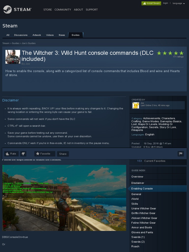 Steam Community - Guide - The Witcher 3 - Wild Hunt Console Commands ...