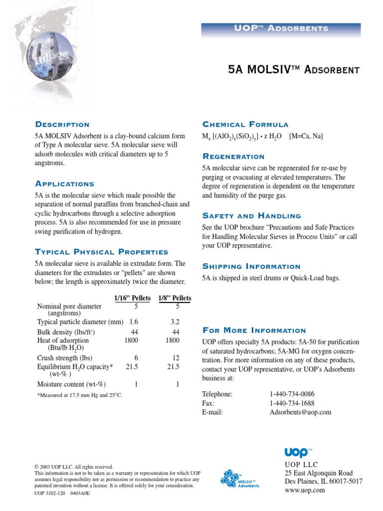 UOP Type 5A Data Sheet | PDF | Adsorption | Molecules