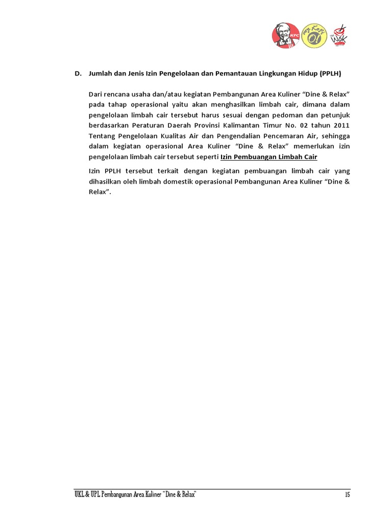Jumlah Dan Jenis Izin PPLH UKL - UPL KFC Drive Thru | PDF