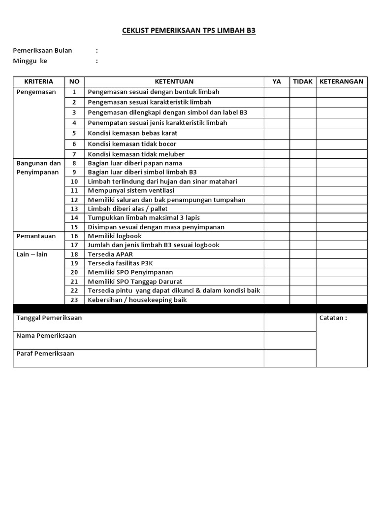 Ceklist Pemeriksaan TPS Limbah B3 | PDF