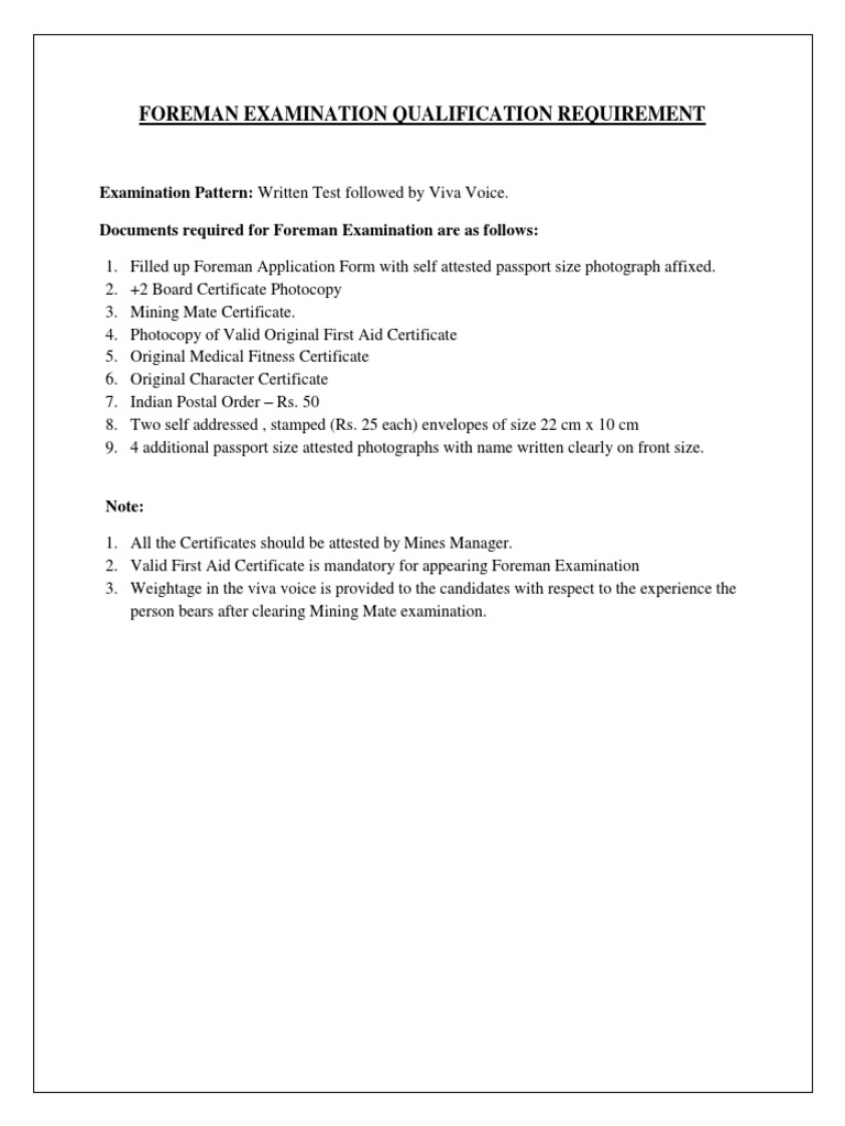 Foreman Examination Qualification Requirement | PDF
