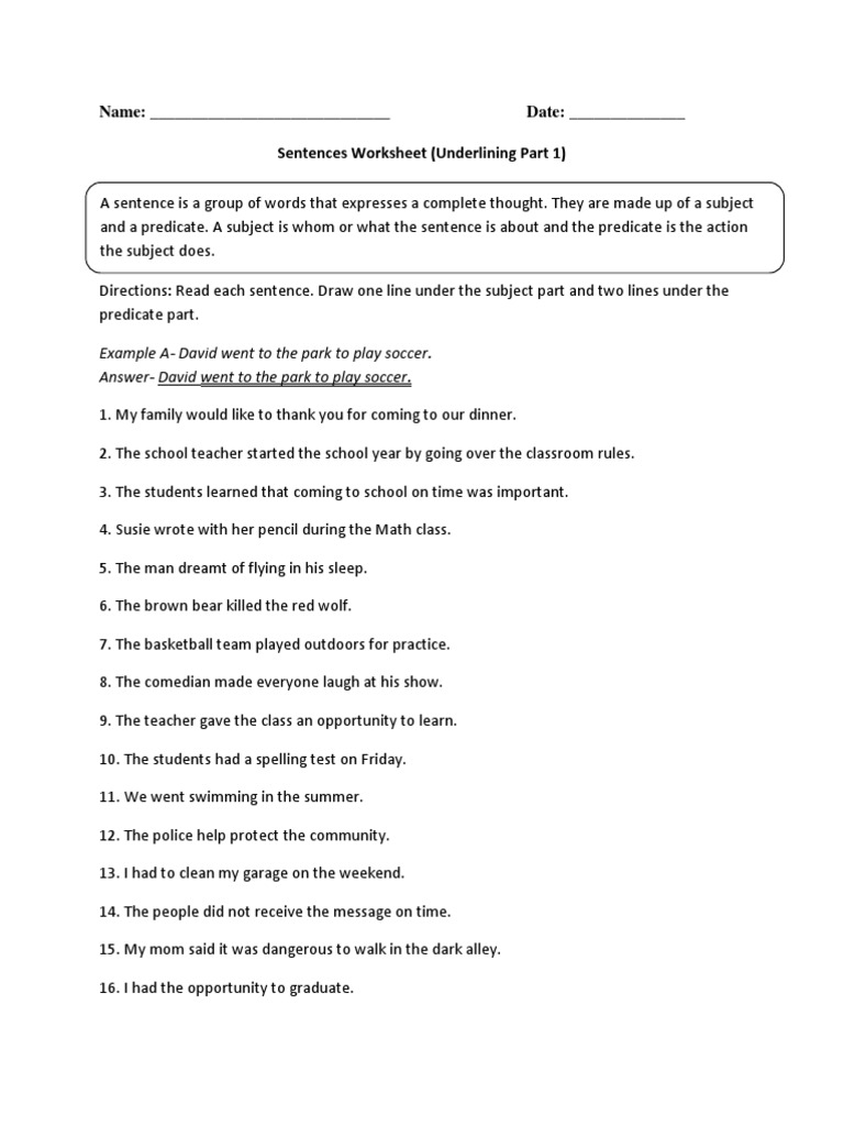 Sentence Structure Underlining Worksheet | PDF