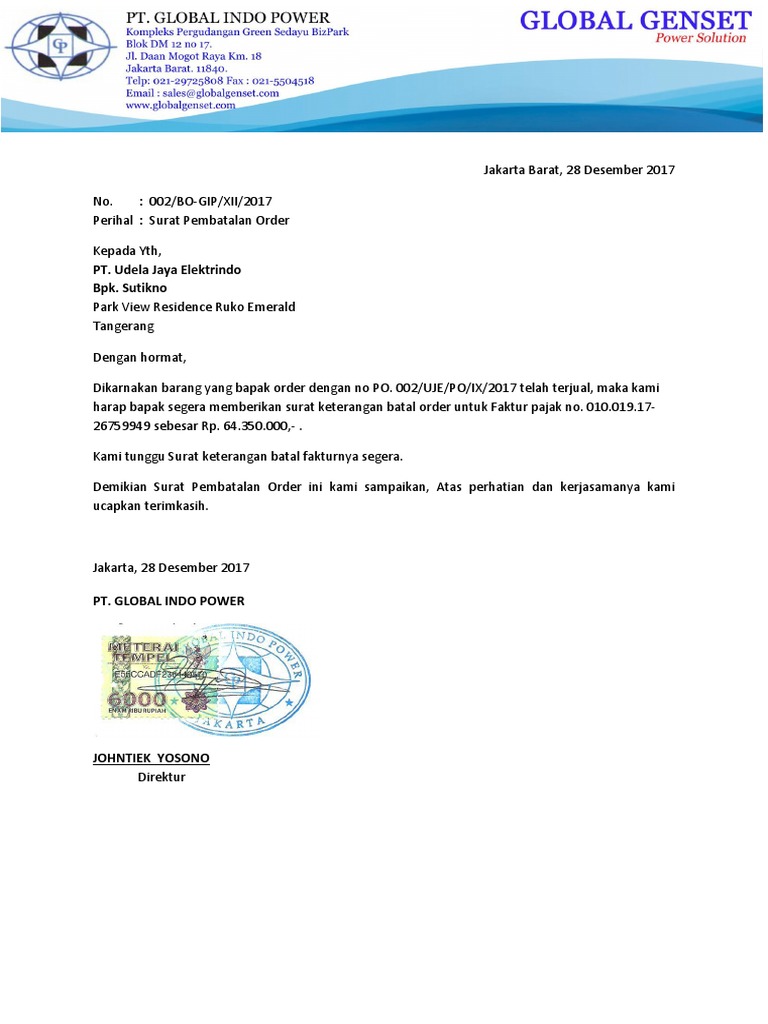 Surat Permintaan Batal Order | PDF