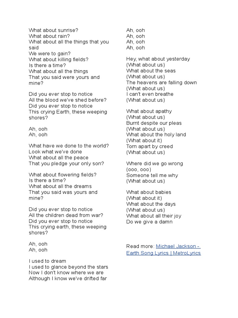 Earth Song Lyrics For Vocabulary | PDF