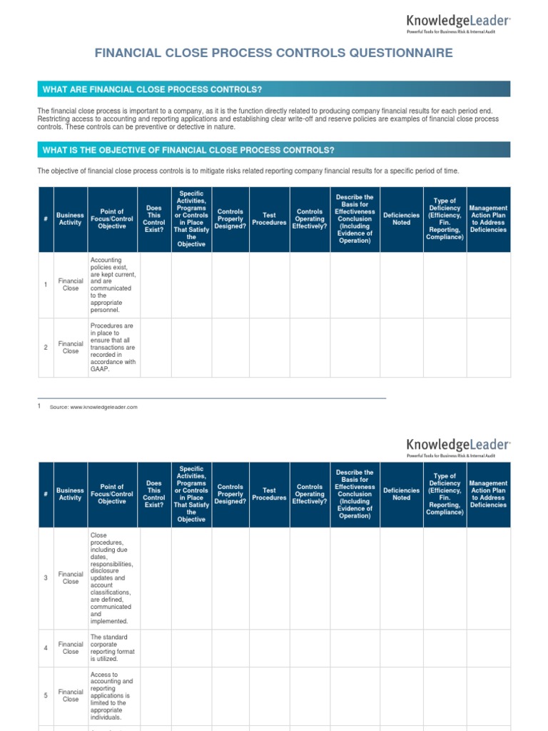 Financial Close Process Controls Questionnaire | PDF | Debits And ...