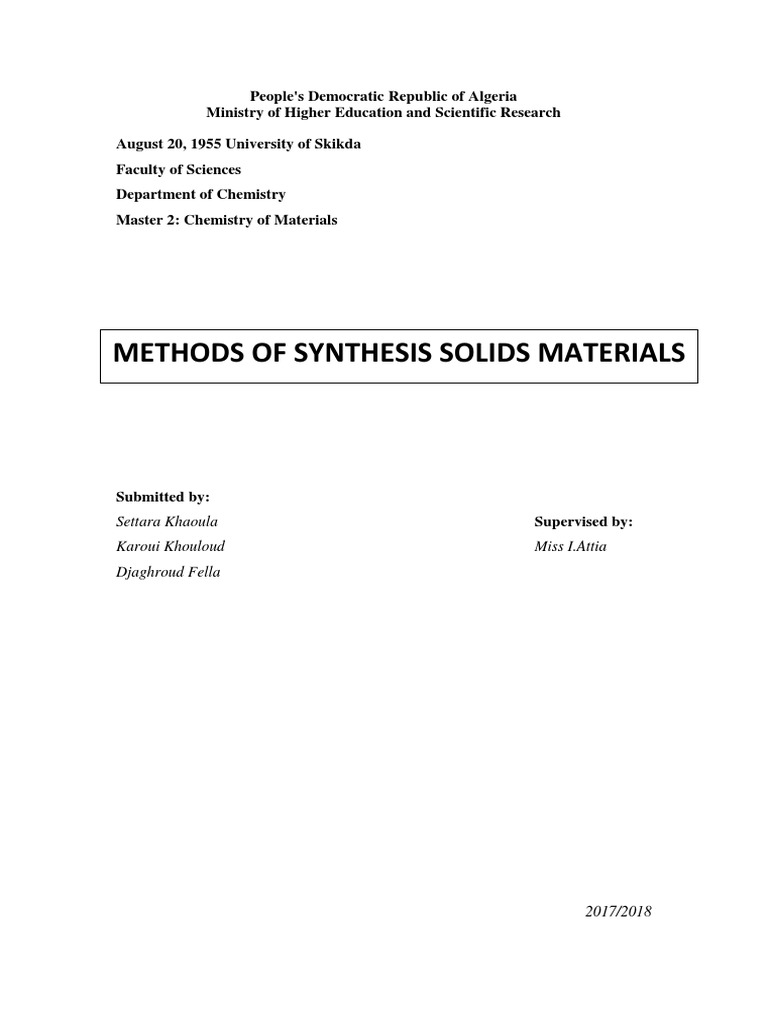 Methods of Synthesis of Inorganic Solids Materials: A Case Study on the ...