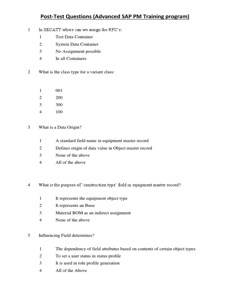 Post-Test Questions (Advanced SAP PM Training Program) | PDF