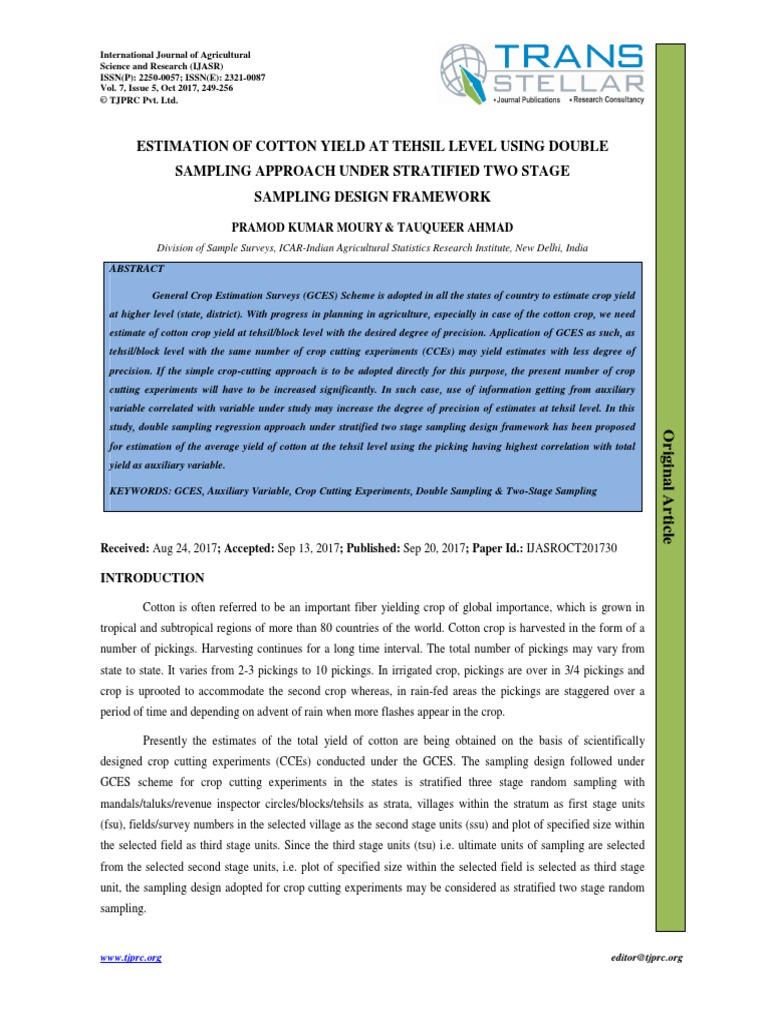 Estimation of Cotton Yield at Tehsil Level Using Double Sampling Approach Under Stratified Two ...