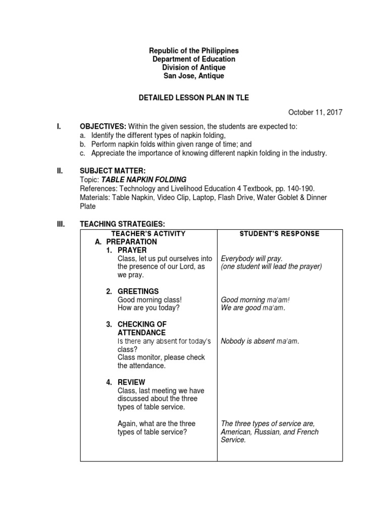 Lesson Plan For Demo | PDF | Lesson Plan | Restaurant And Catering