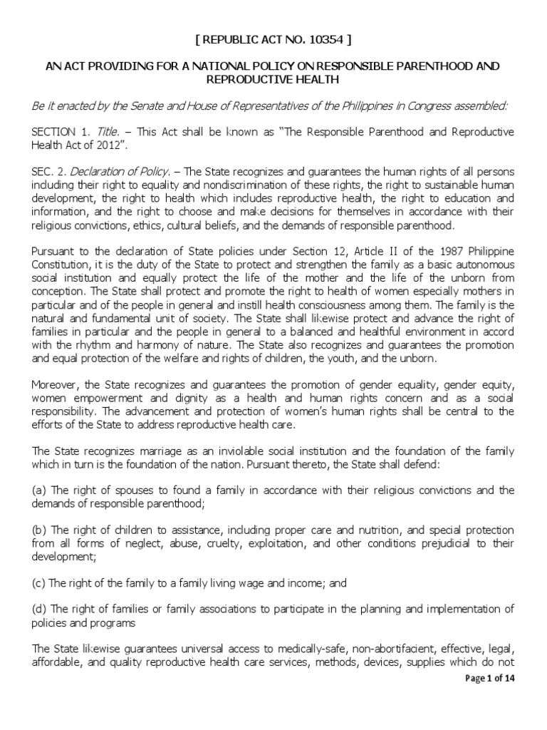 Republic Act No 10354 RPRH Law | Reproductive Health | Family Planning