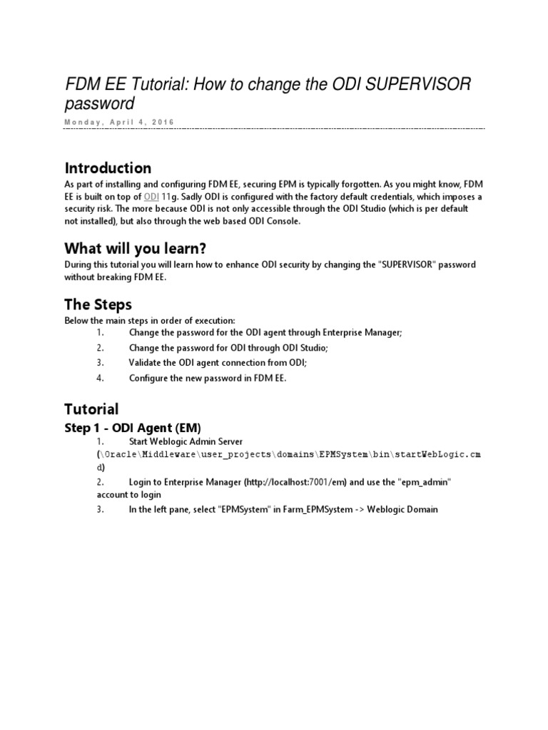 FDM EE Tutorial How To Change The ODI SUPERVISOR Password | Download Free PDF | Password | User ...