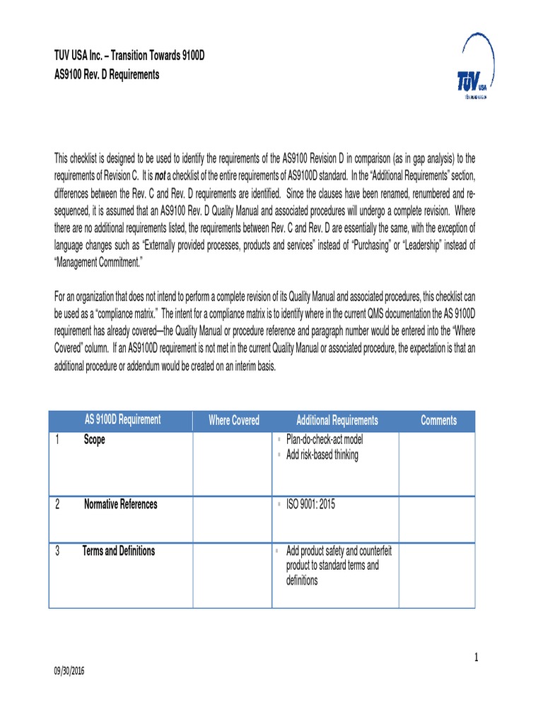 Tuv Usa As9100d Checklist | PDF | Risk Management | Verification And ...