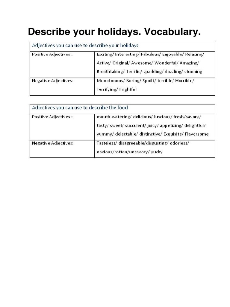 Describe Your Holidays. Vocabulary | PDF