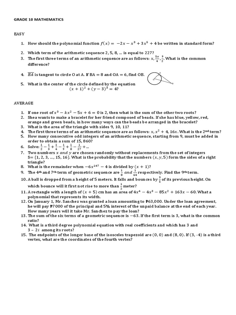 Grade 10 Math Competition Problems and Answer Key | PDF | Area ...
