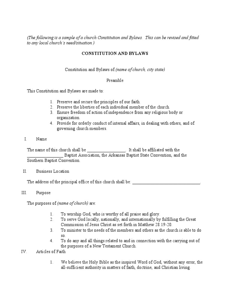 The Following Is A Sample of A Church Constitution and Bylaws. This Can ...