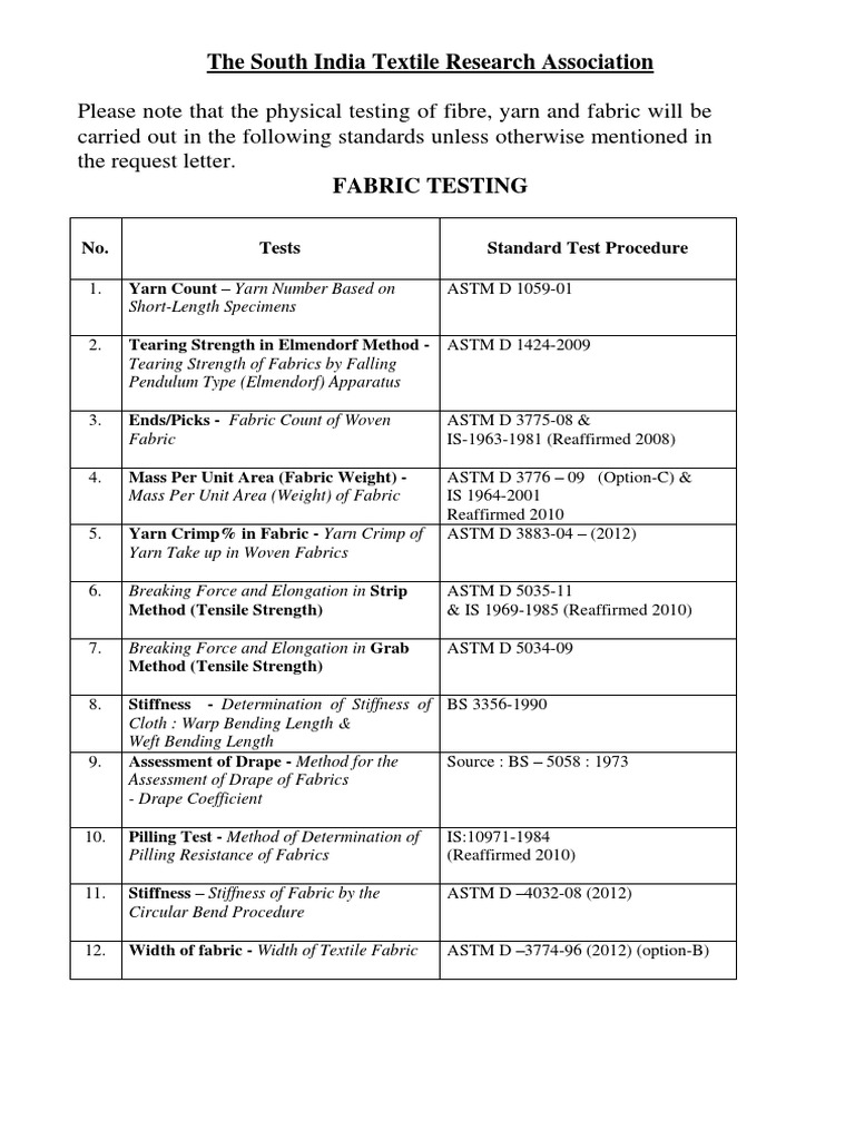 Standard Test Procedures for the Physical Testing of Fibre, Yarn and ...